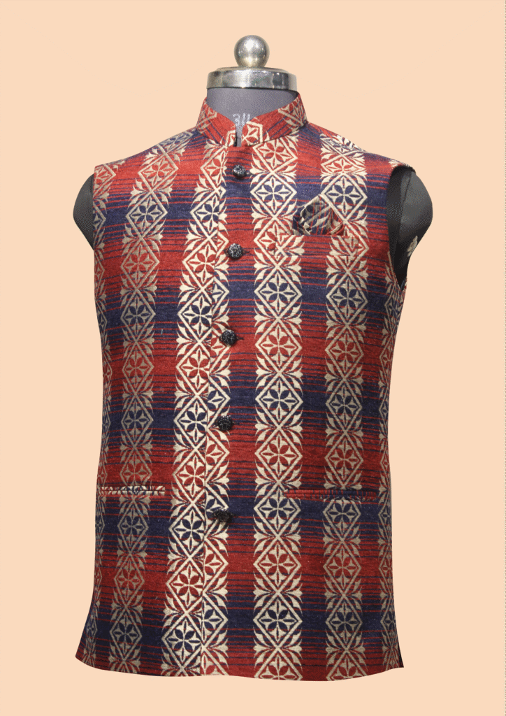 Handwoven Ikat Cotton Nehru Jacket - Red & Blue Geometric Pattern ...